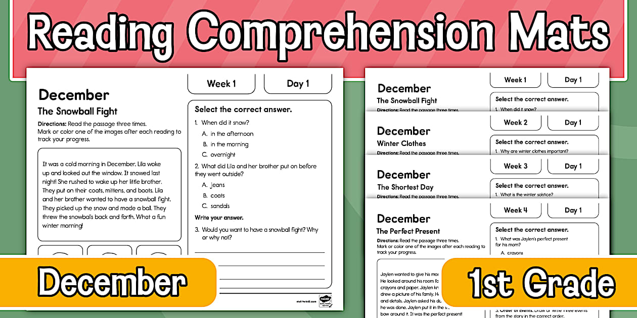 First Grade December Daily Reading Comprehension Mats
