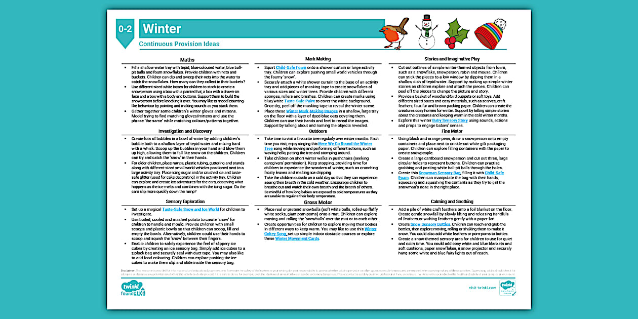 EYFS Winter Continuous Provision Planning Ideas (Ages 0-2)