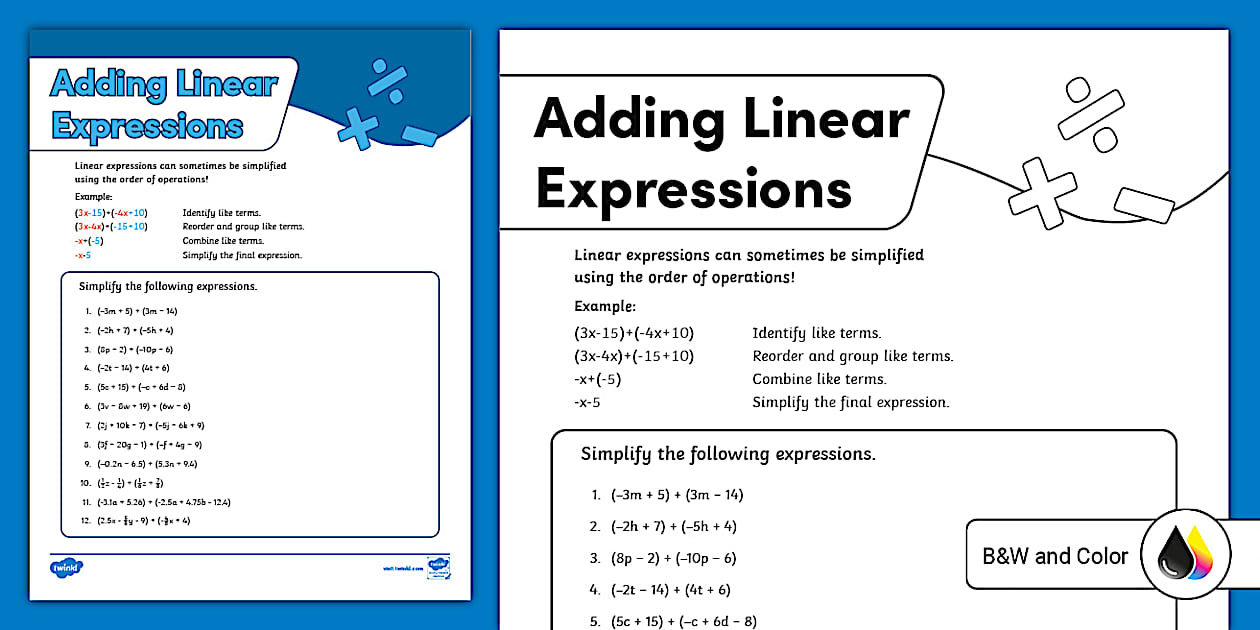 Seventh Grade Adding Linear Expressions Worksheet - Twinkl