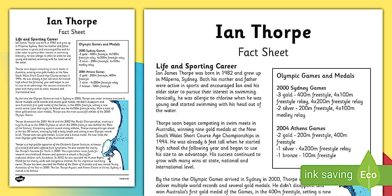 Black and White Australian Olympic Athletes Fact Sheet Ian Thorpe