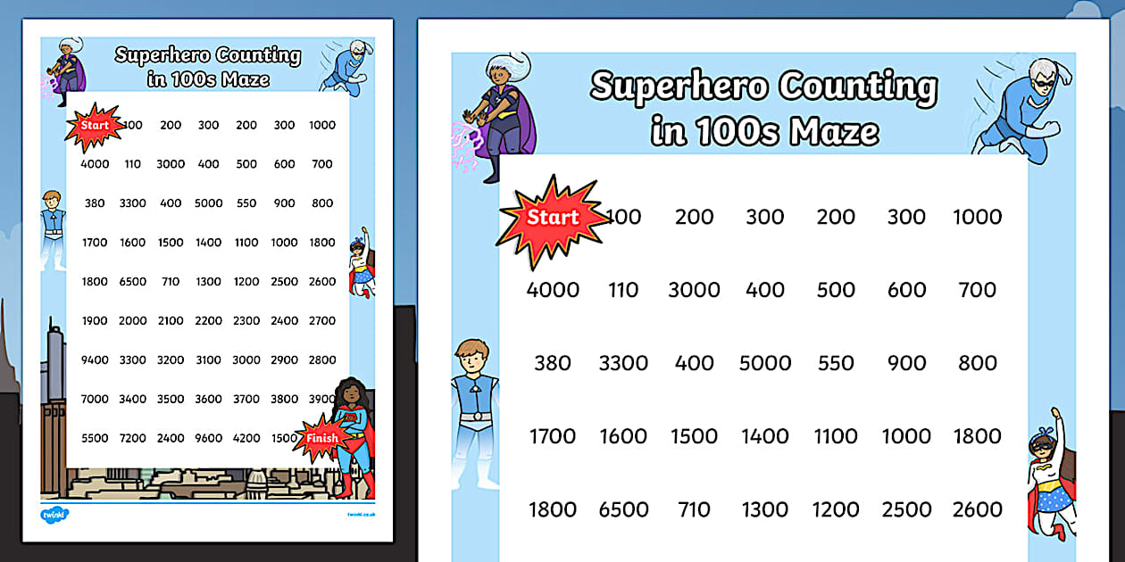 Superhero Themed Counting in 100s Maze - Twinkl