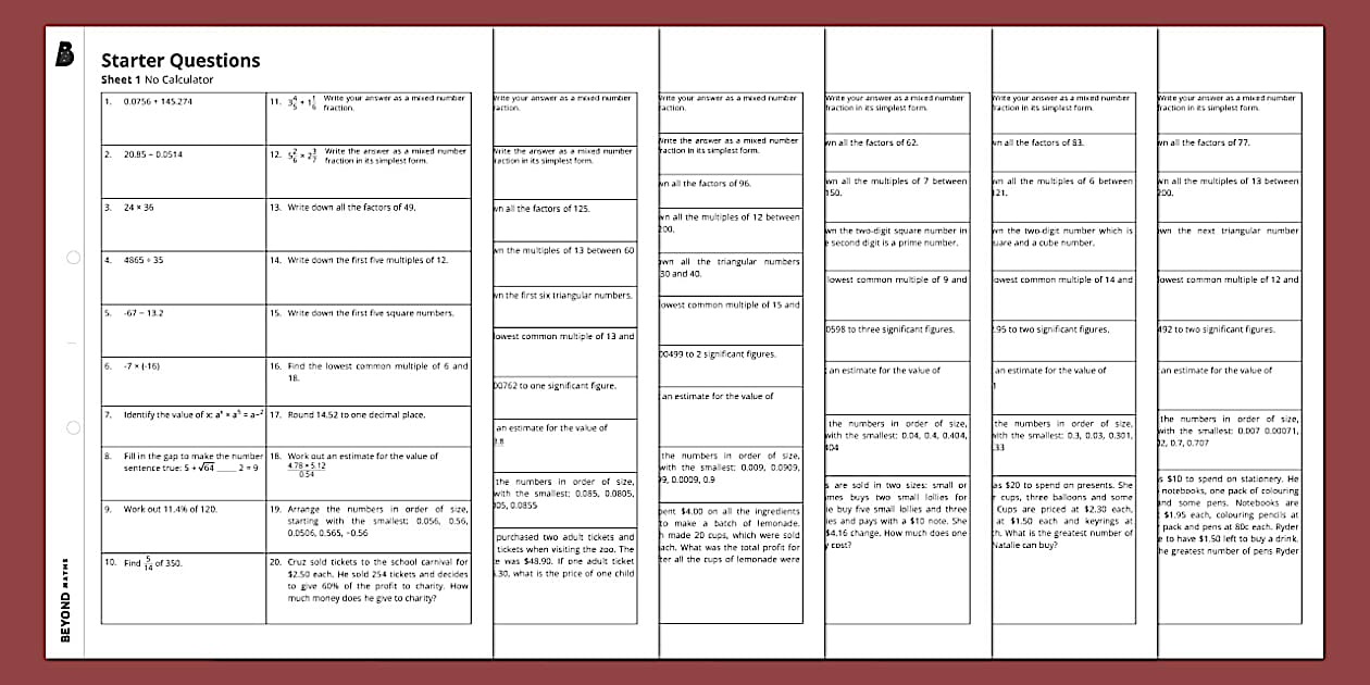 Gold Numeracy Starter Questions - Beyond Secondary - Maths