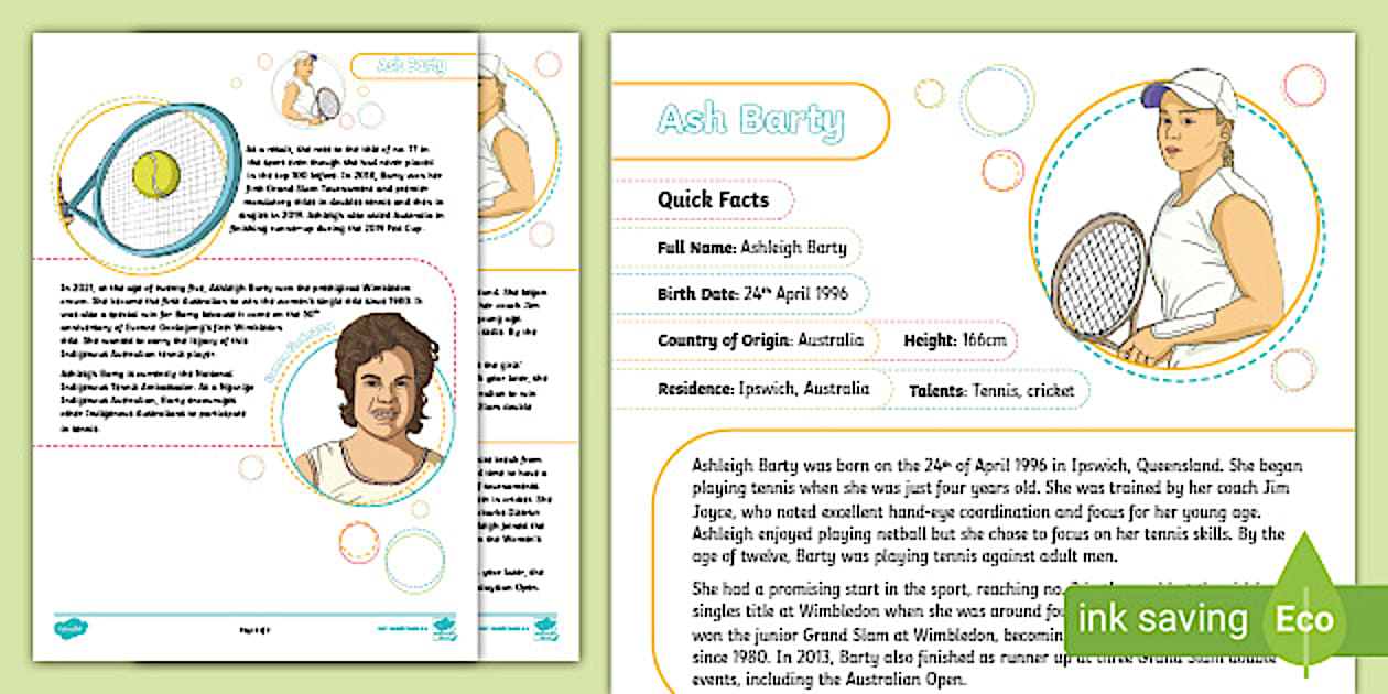 Ash Barty Biography Fact File - HASS Year 6 (teacher made)
