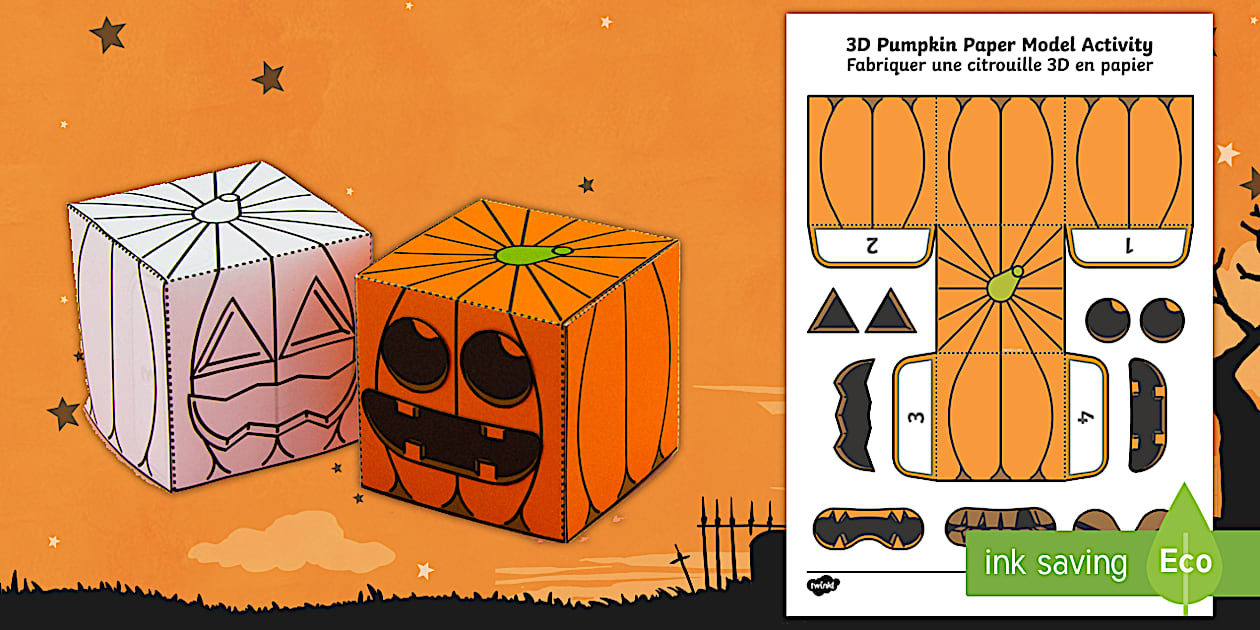 Simple Make Your Own 3D Pumpkin Halloween Paper Craft English/French
