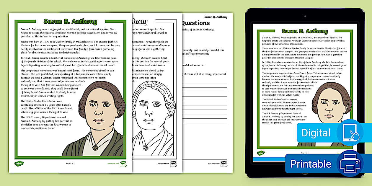 7th Grade Susan B Anthony Reading Comprehension - Twinkl USA