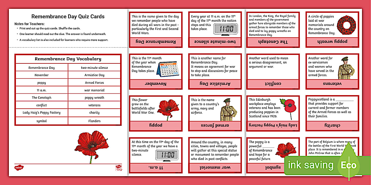 Remembrance Day Quiz Cards (teacher made) - Twinkl