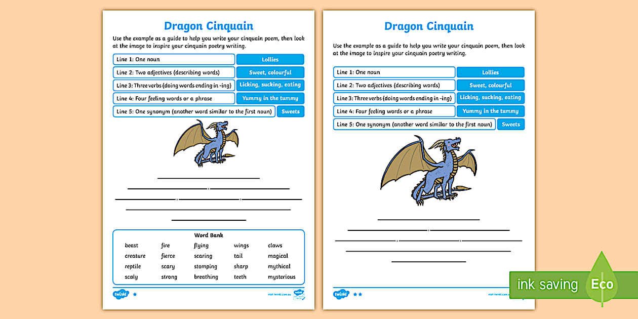 NSW Dragon Cinquain Poem Differentiated Worksheet - Twinkl