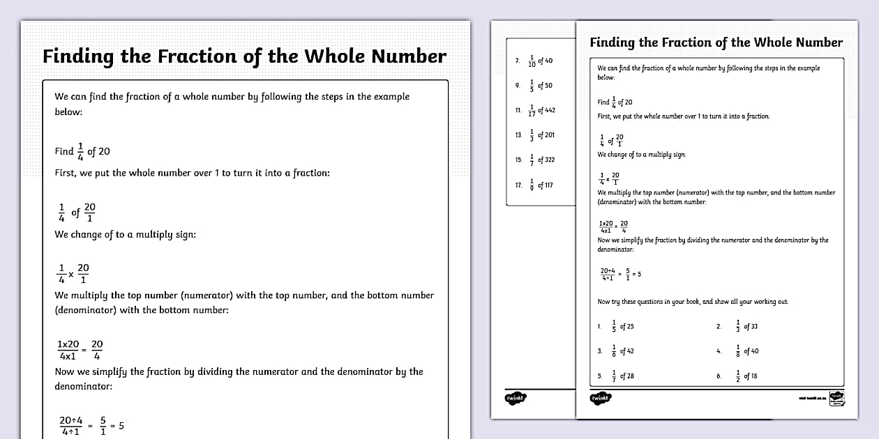 Finding the Fraction of the Whole Number Activity Sheet