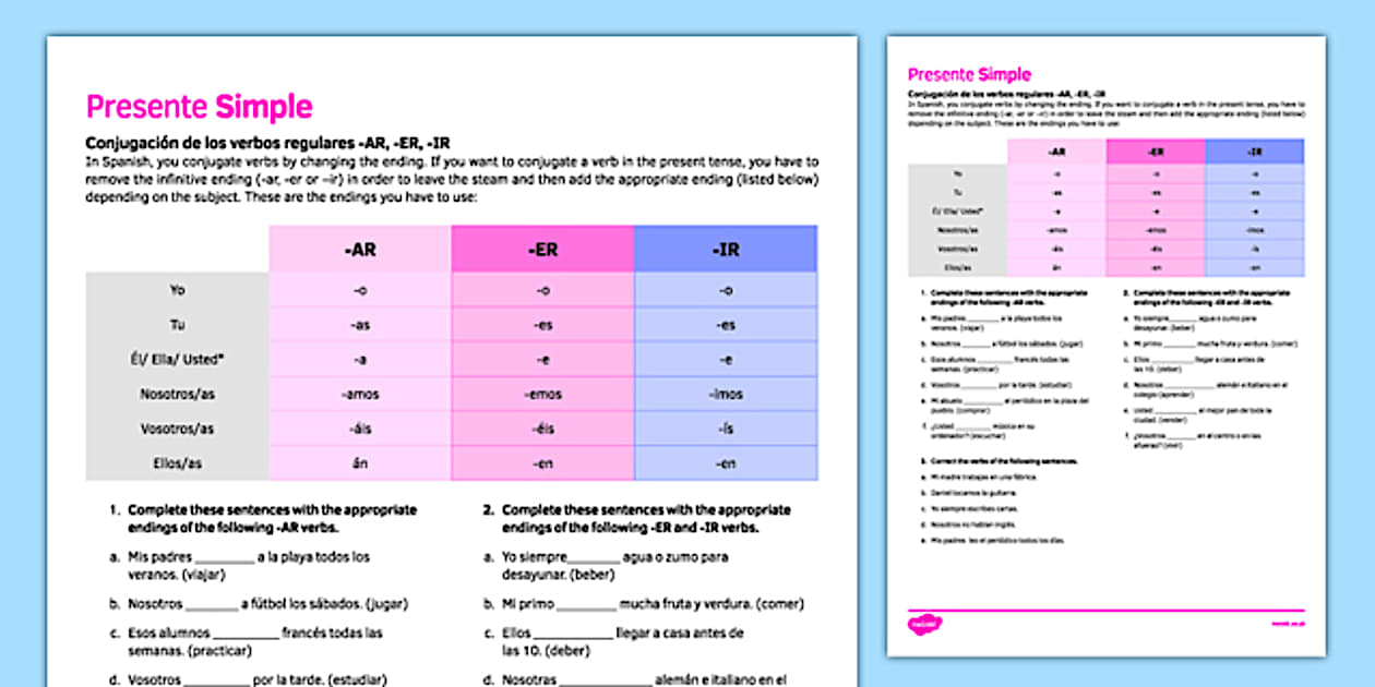 Editable Present Tense Regular AR, ER, IR Verbs Worksheet Spanish