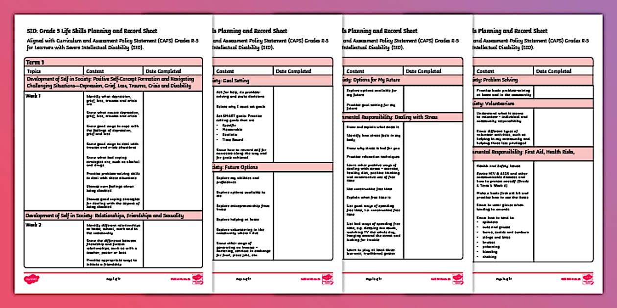 SID: Grade 5 Life Skills Planning and Record Sheet - Twinkl