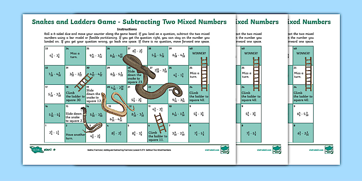 👉 Y5 Subtract Two Mixed Numbers Snakes and Ladders Game PlanIt
