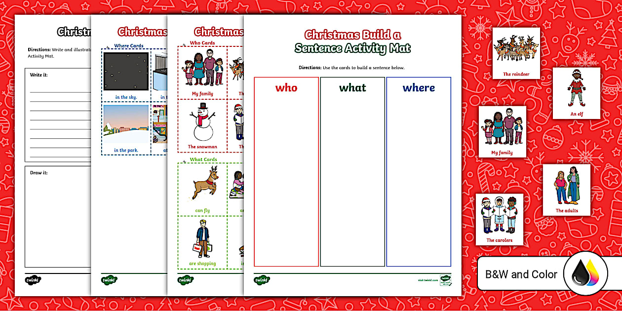 Kindergarten Christmas Build a Sentence Worksheet and Cards