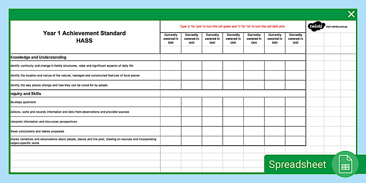 HASS Year 1 Achievement Standards Assessment Spreadsheet