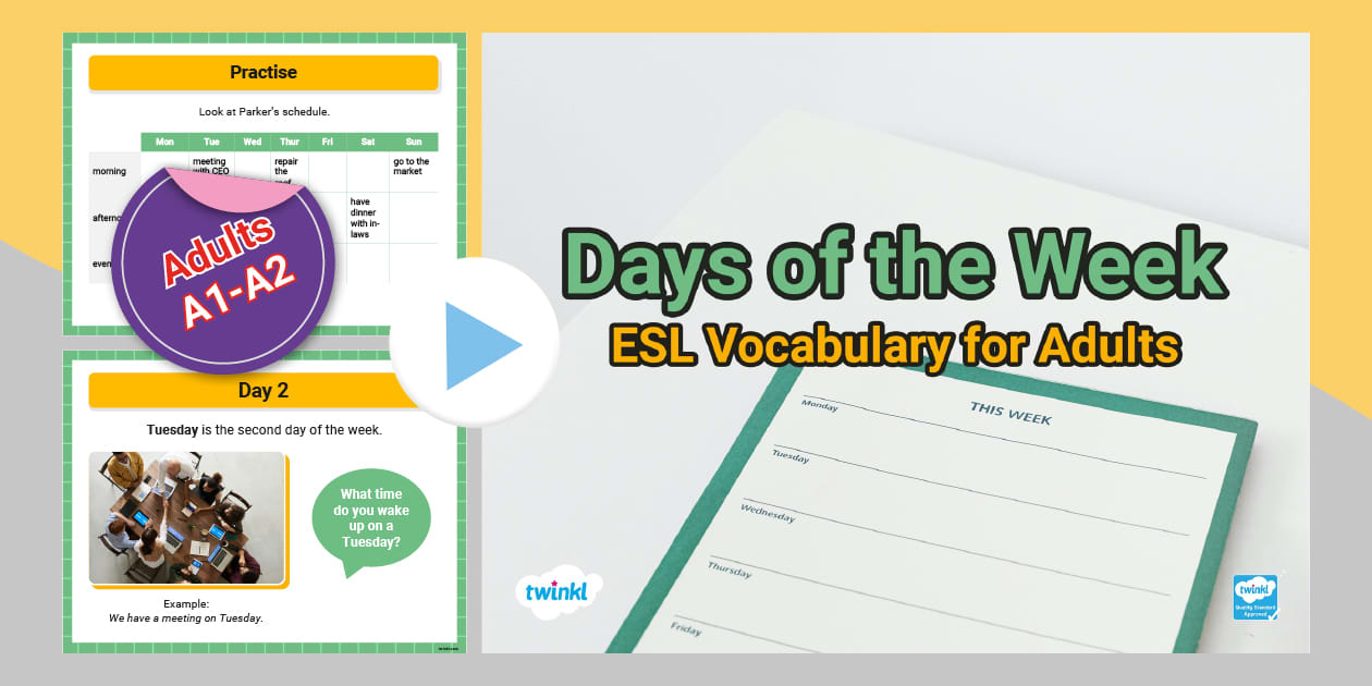 ESL Days of the Week Vocabulary PowerPoint [Adults, A1-A2]