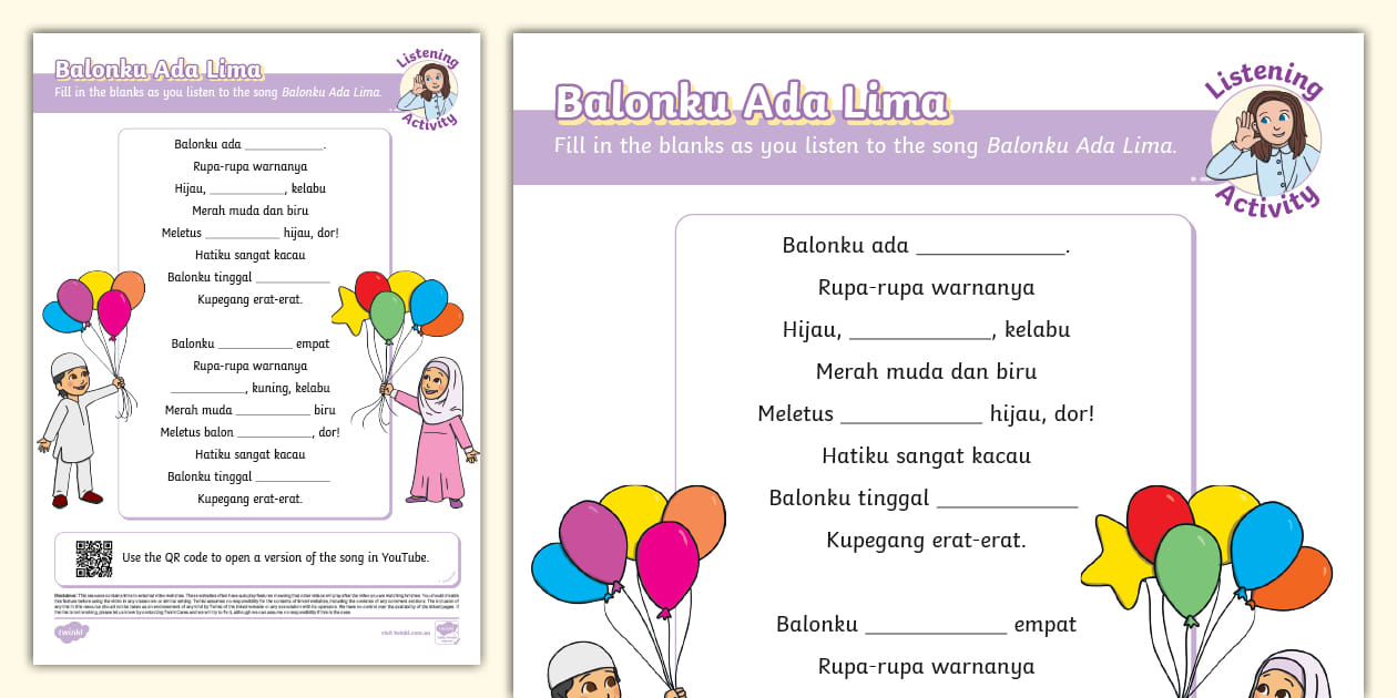 Indonesian Song Balonku Ada Lima Listening Activity - Twinkl