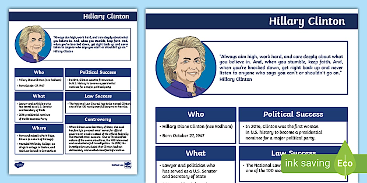 Hillary Clinton Information Sheet (teacher made) - Twinkl