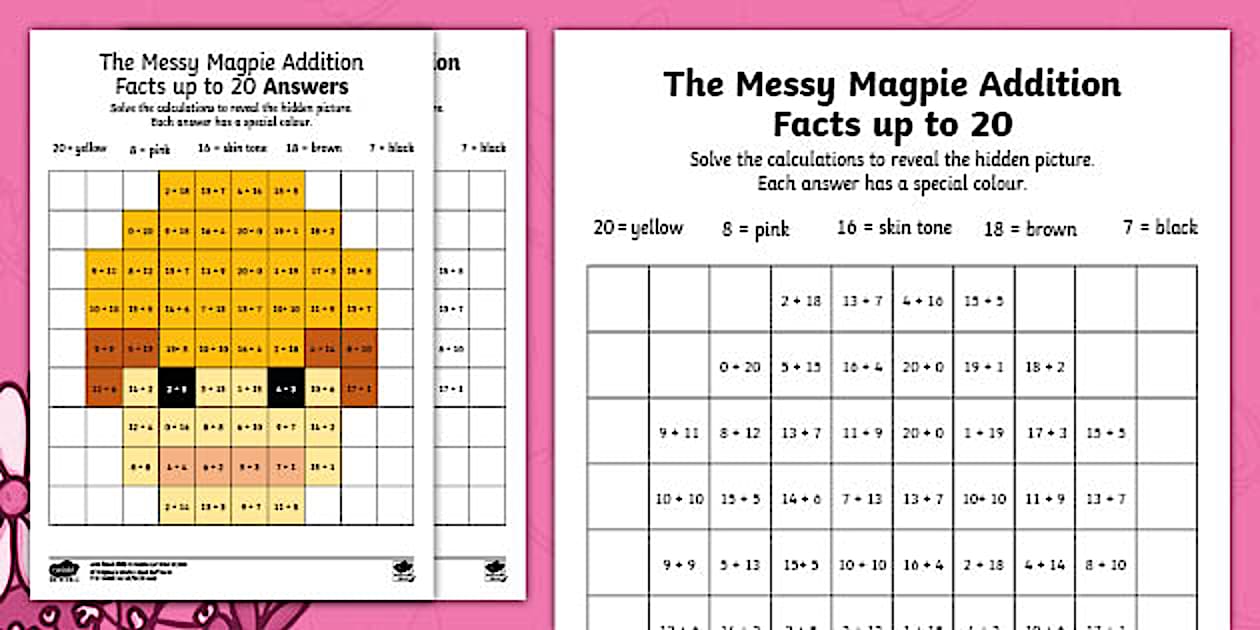 KS1 The Messy Magpie Addition Facts up to 20 Maths Mosaic Worksheet