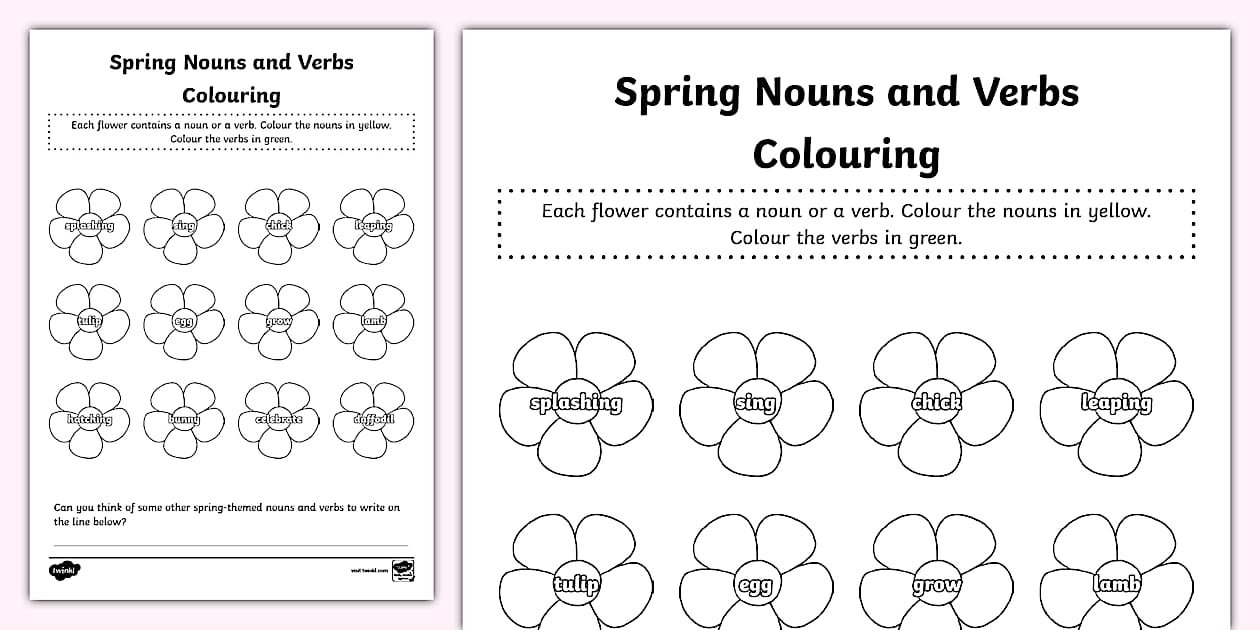 Spring Nouns and Verbs Colouring Activity - Twinkl - KS1