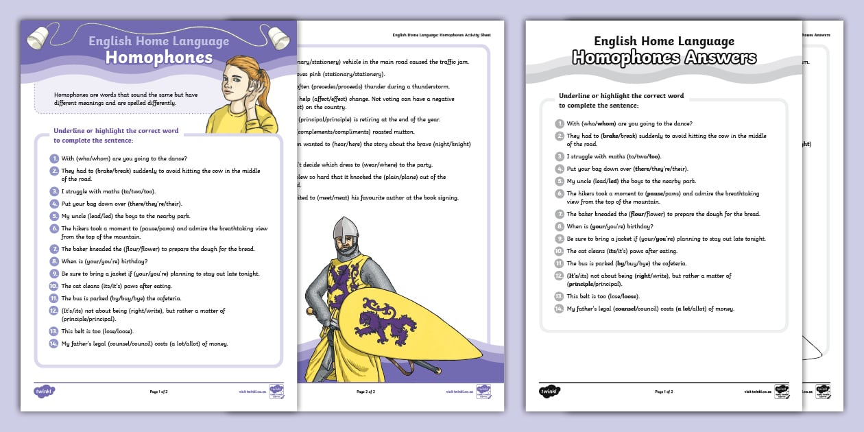 English Home Language: Homophones Activity Sheet - Twinkl