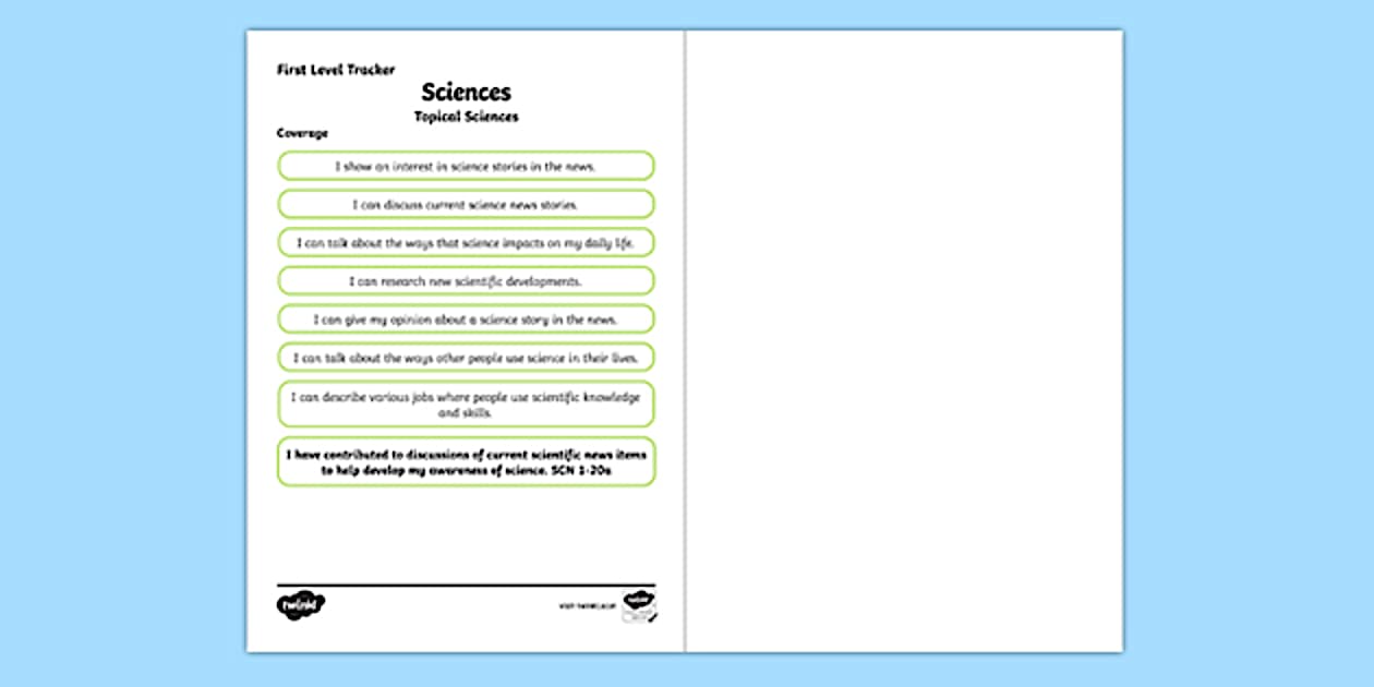 CfE Sciences (Topical Science) First Level Child Friendly Tracking-Scottish