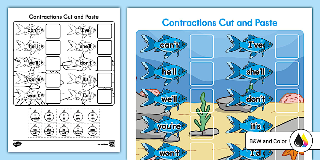First Grade Catching Contractions Cut and Paste Worksheet