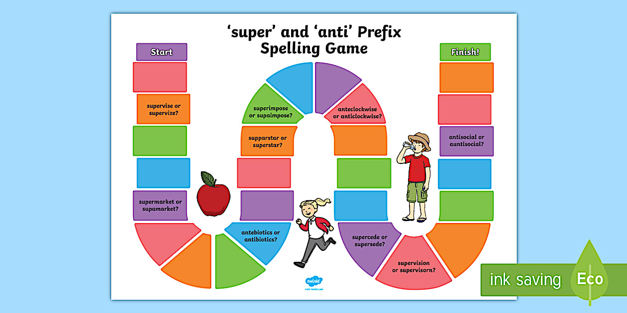 Editable Words Beginning With 'super' and 'anti' Spelling Board Game