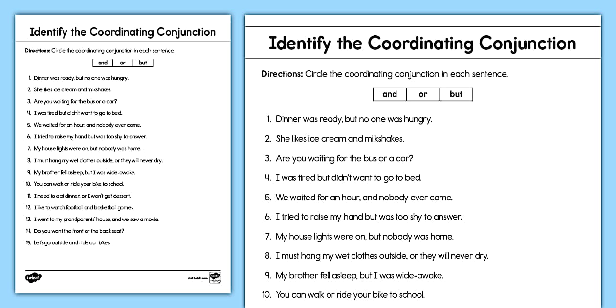 Identify the Coordinating Conjunction Worksheet: Or, And, But