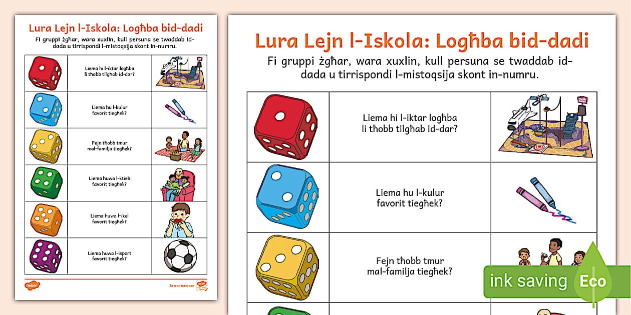Lura Lejn l-Iskola: Logħba bid-dadi (teacher made) - Twinkl