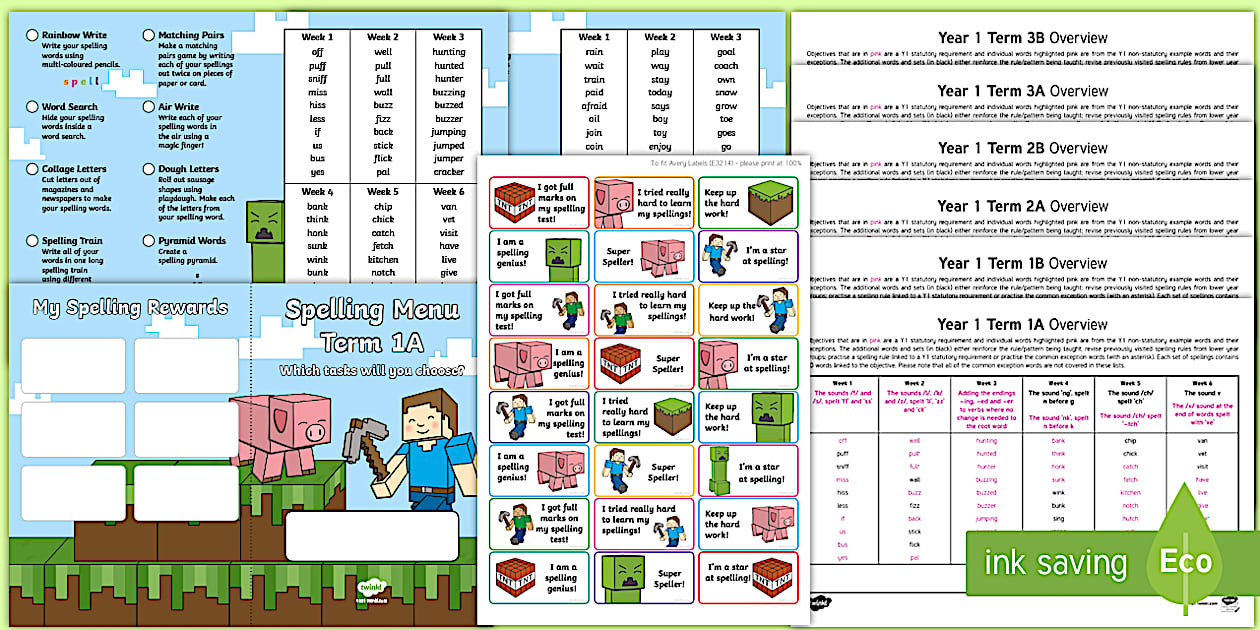 Editable Year 1 Block Adventurer Spelling Menu Pack - Twinkl