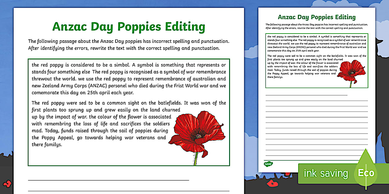 Editable Anzac Day Editing Poppies Worksheet (teacher made)