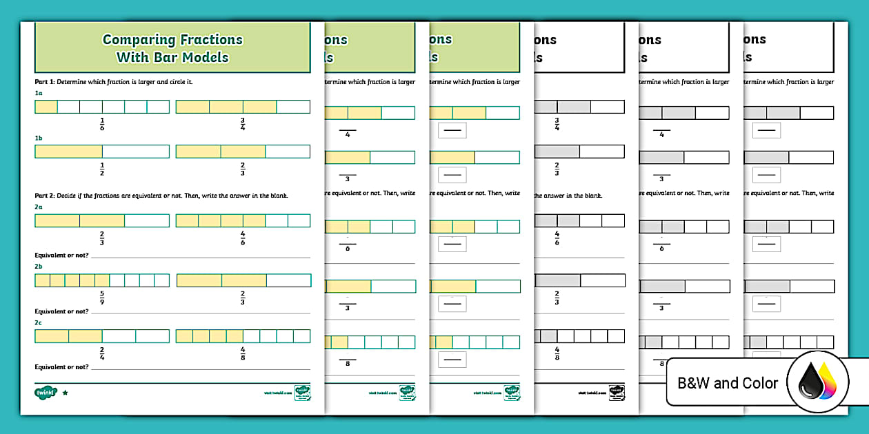 Comparing Fractions With Bar Models Differentiated Worksheet for 3rd ...