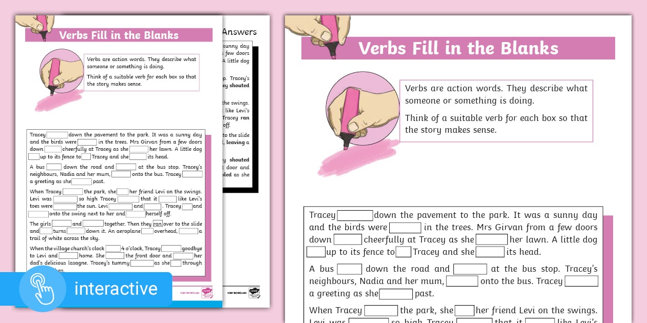 Interactive PDF: Verbs Fill in the Blanks Activity Sheet
