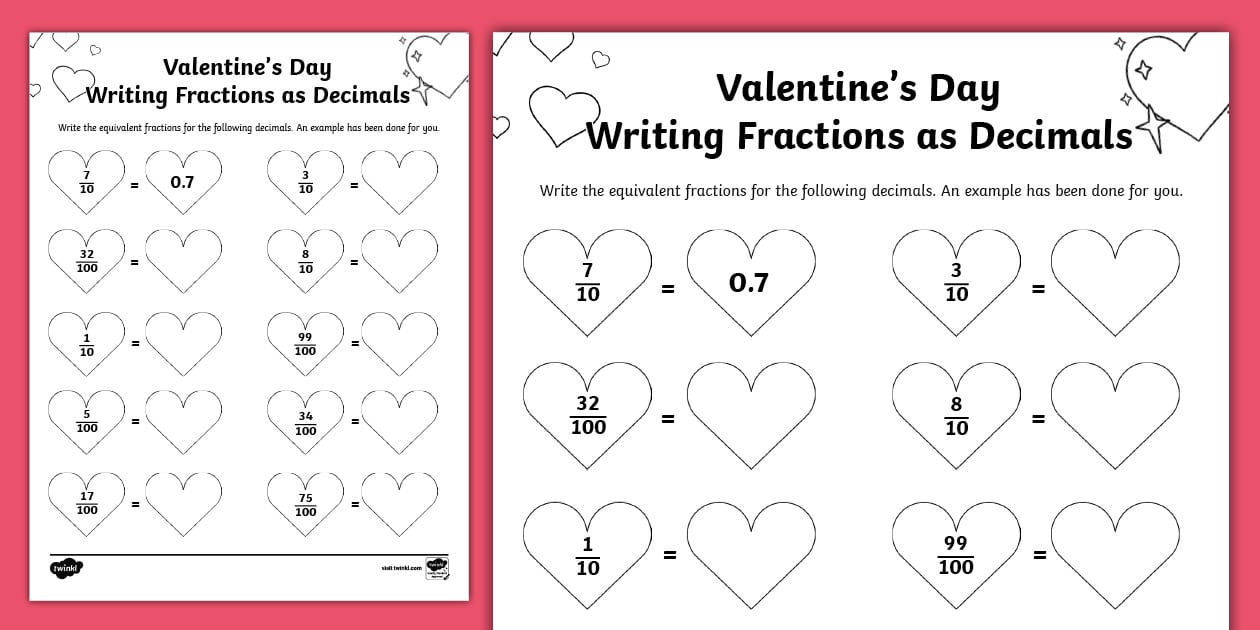 Valentine's Day Writing Fractions as Decimals Worksheet
