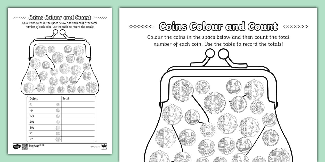 👉 Coins Colour and Count Worksheet - Twinkl