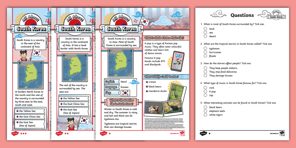 KS1 South Korea Differentiated Reading Comprehension Activity