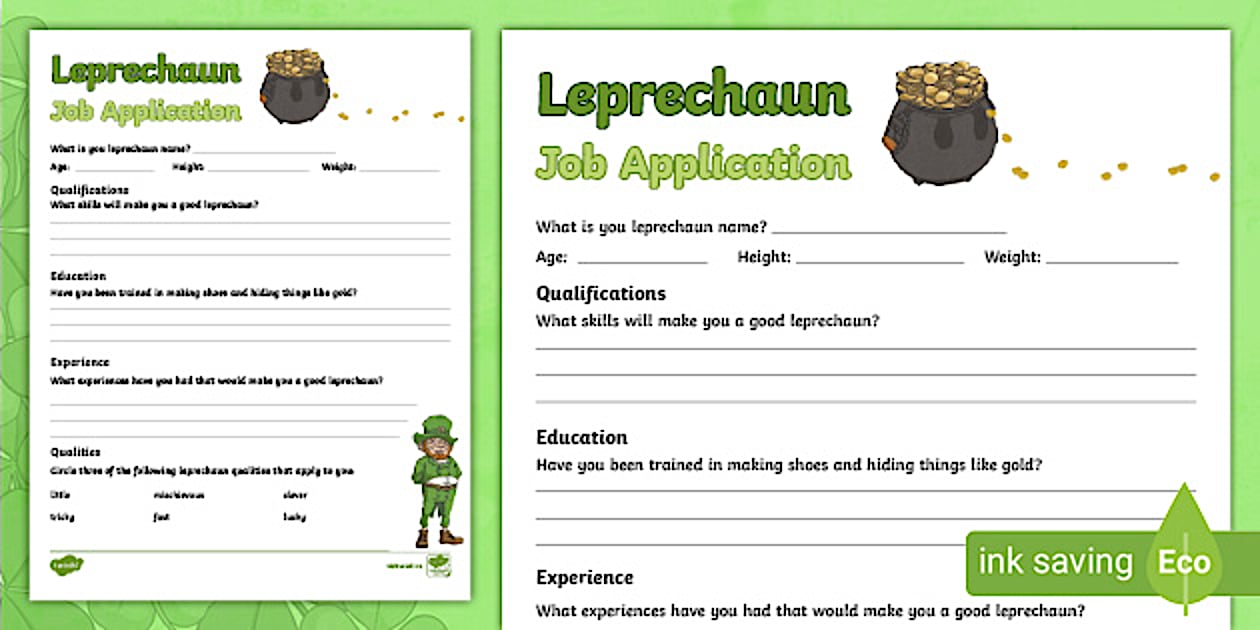 Leprechaun Job Application Worksheet / Worksheet - Twinkl