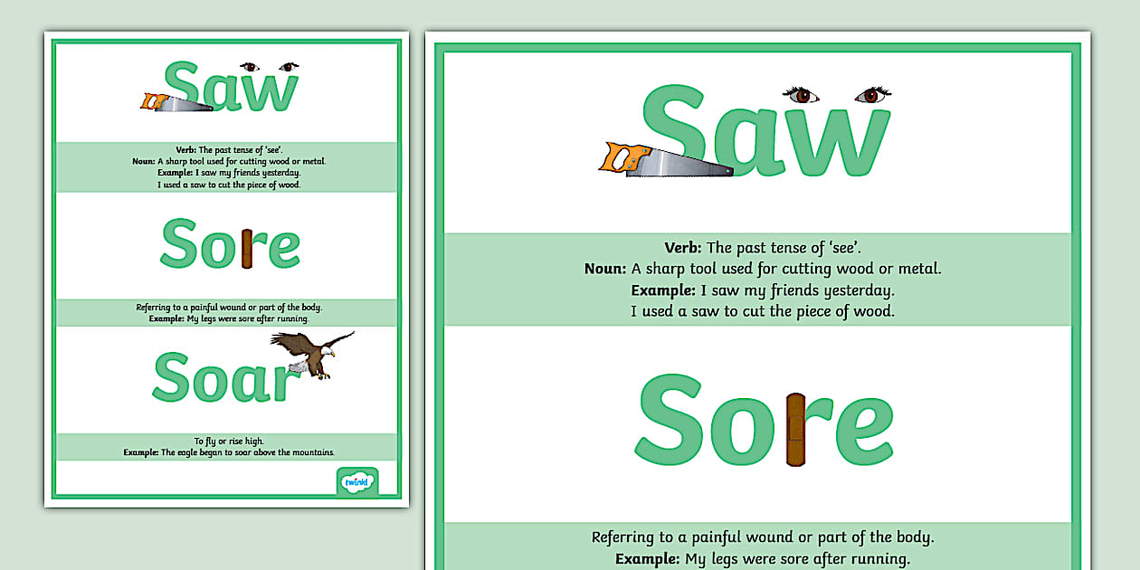 Saw, Sore and Soar Homophone Display Poster (teacher made)