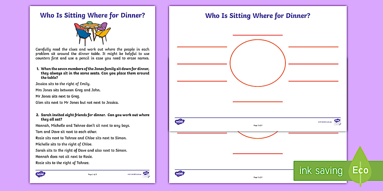 TAS Who Is Sitting Where For Dinner Activity - Twinkl