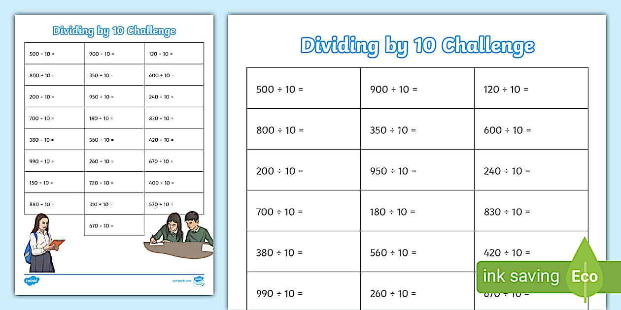 👉 Dividing by 10 Challenge (Numbers 500 to 1000) Worksheet