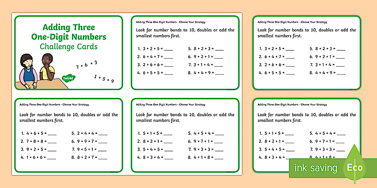 Add Three One-Digit Numbers (Choose Your Strategy) Maths Challenge Cards