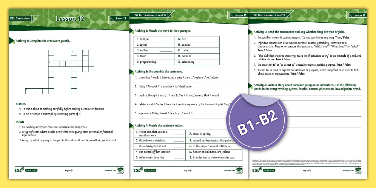 ESL Curriculum Level 12, Lesson 12 Activity Sheet - Twinkl