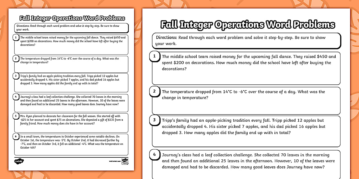 Seventh Grade Fall Integer Operations Word Problems - Twinkl