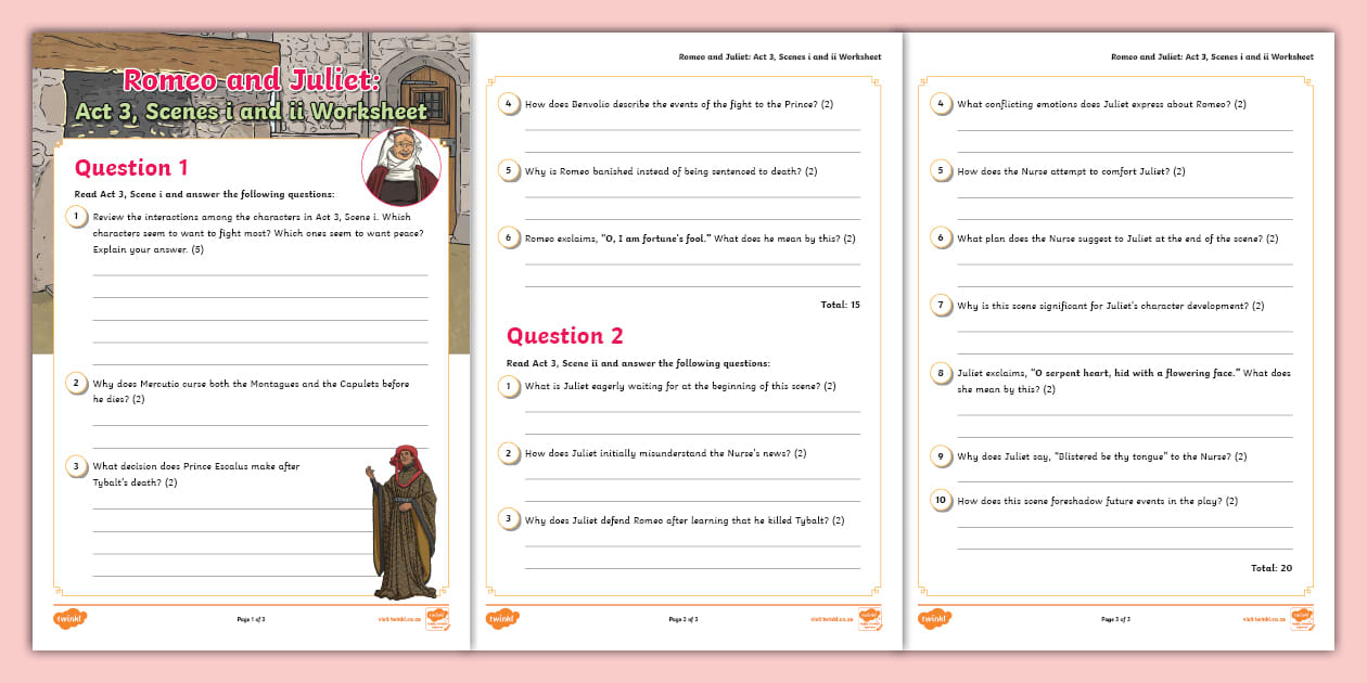 Romeo and Juliet: Act 3, Scenes i and ii Worksheet - Twinkl