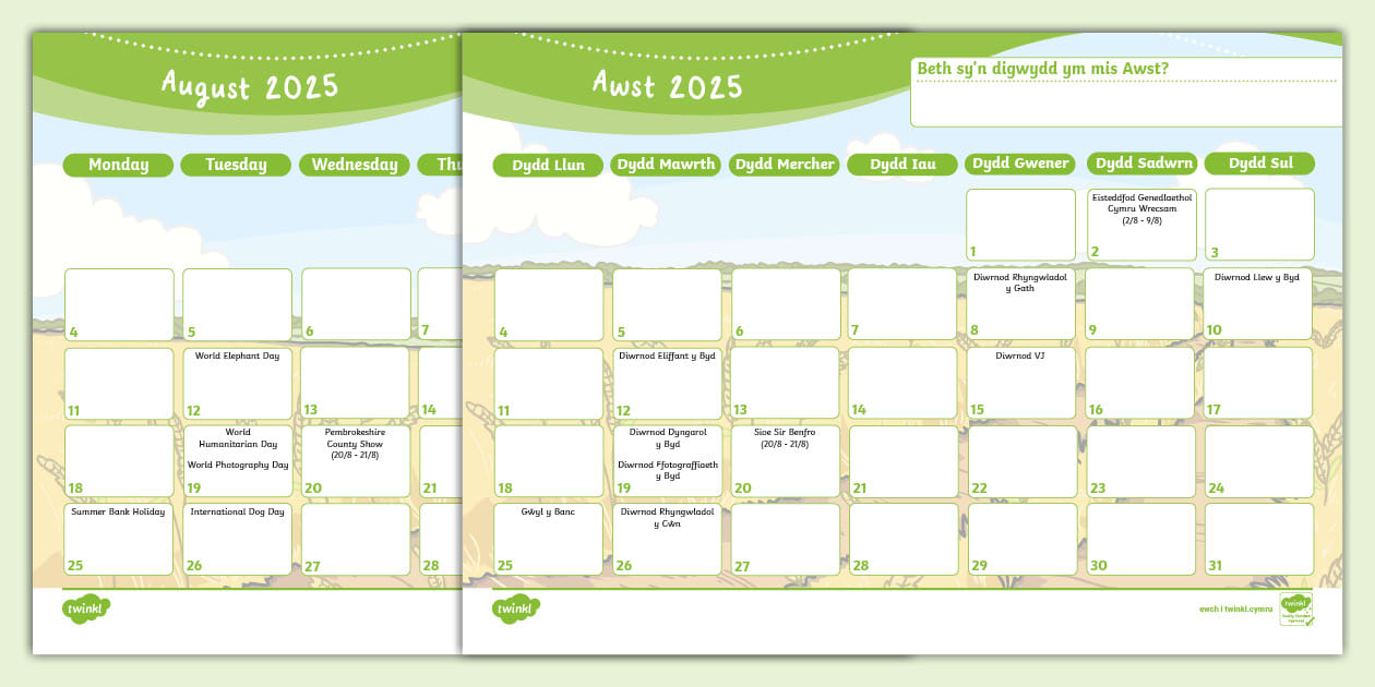 Calendr Digwyddiadau Mis Awst/August Events Calendar 2025