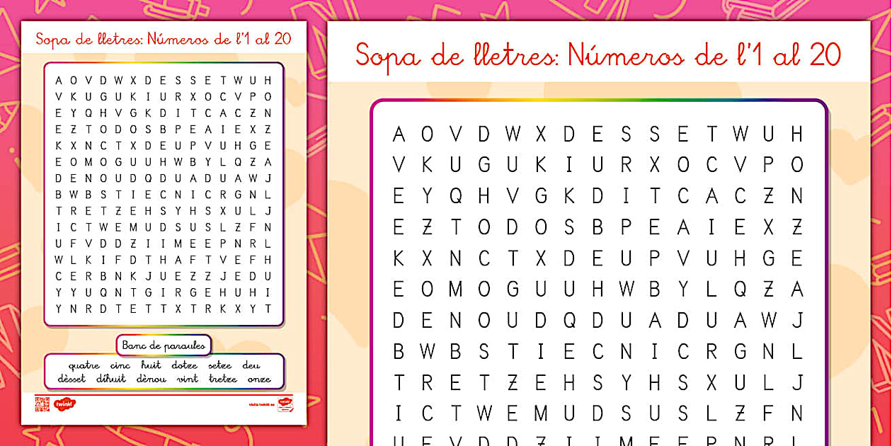 Sopa de lletres: Números de l'1 al 20 - Valencià - Twinkl