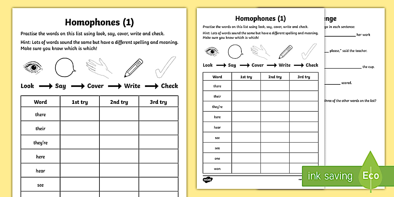 Spelling Practice Homophones Activity - Twinkl