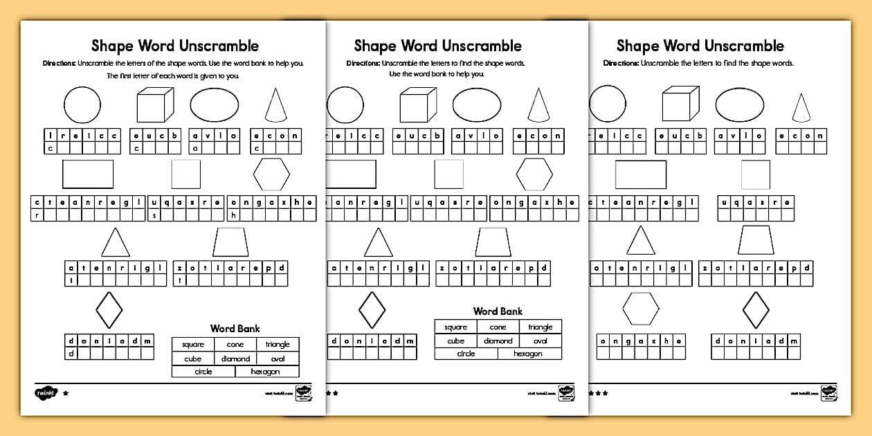 Second Grade Shape Word Scramble Differentiated Worksheet