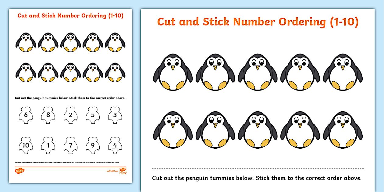 Cut and Stick Number Ordering Penguin Activity 1-10 - Twinkl