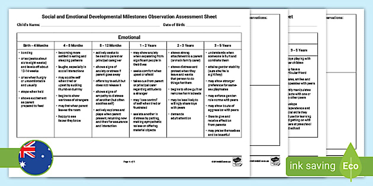 Social &Emotional Developmental Milestones Observation Sheet