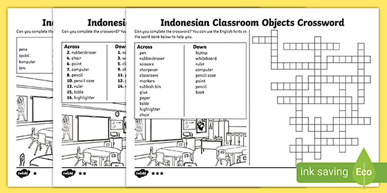 Classroom Objects Differentiated Crossword Indonesian